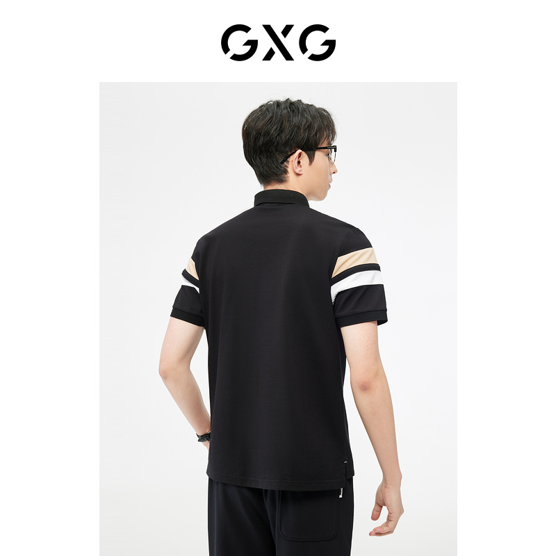 GXG男装黑色撞色设计基础时尚商务短袖polo衫 2023年夏季新品_虎窝淘