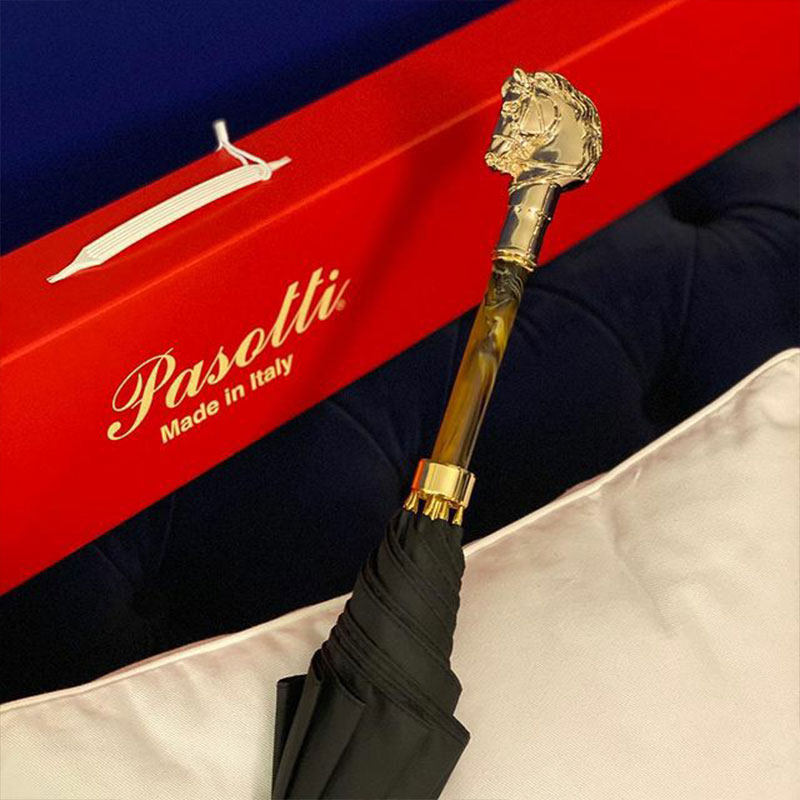 意大利Pasotti雨伞男伞金色马头黑色暗纹长柄马头伞商务自动防晒_虎窝淘