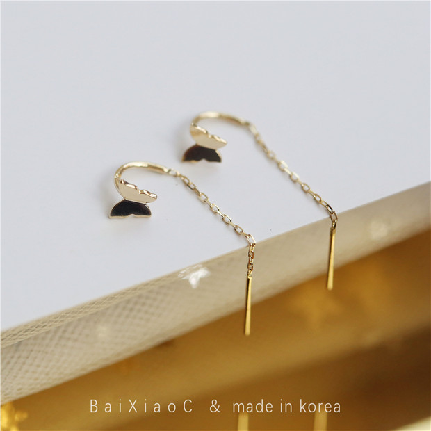 白小C韩国进口黄金首饰纯10K14K金耳环简约小蝴蝶耳线耳链耳钩_虎窝淘