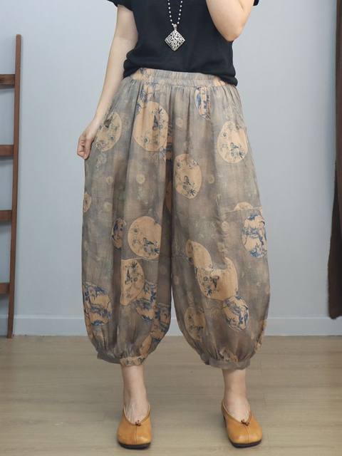 Chinese style retro ramie printed bloomers women's thin summer loose ...
