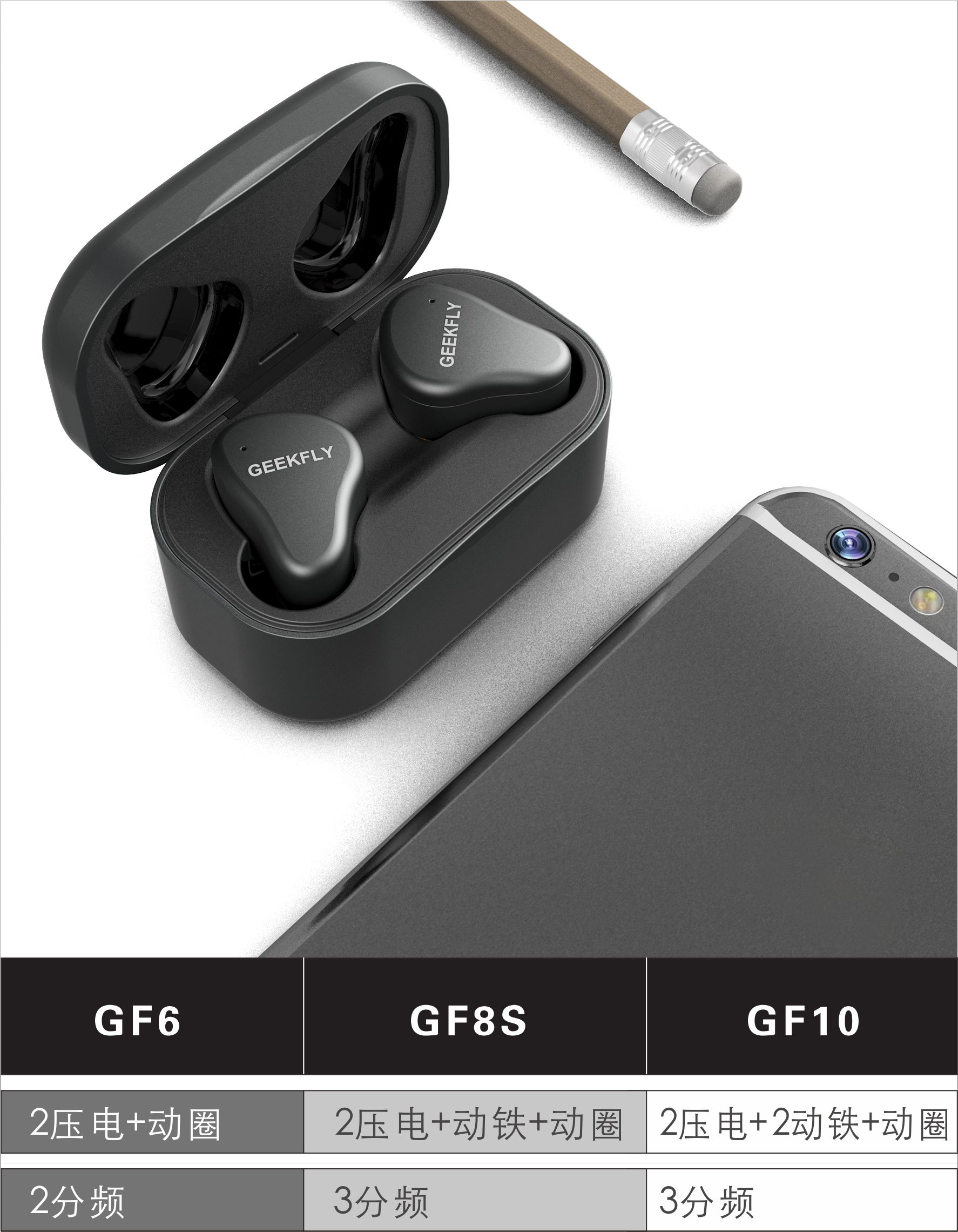 GEEKFLY GF12 12单元TWS耳机动铁压电动圈无线蓝牙圈铁压电耳机_虎窝淘