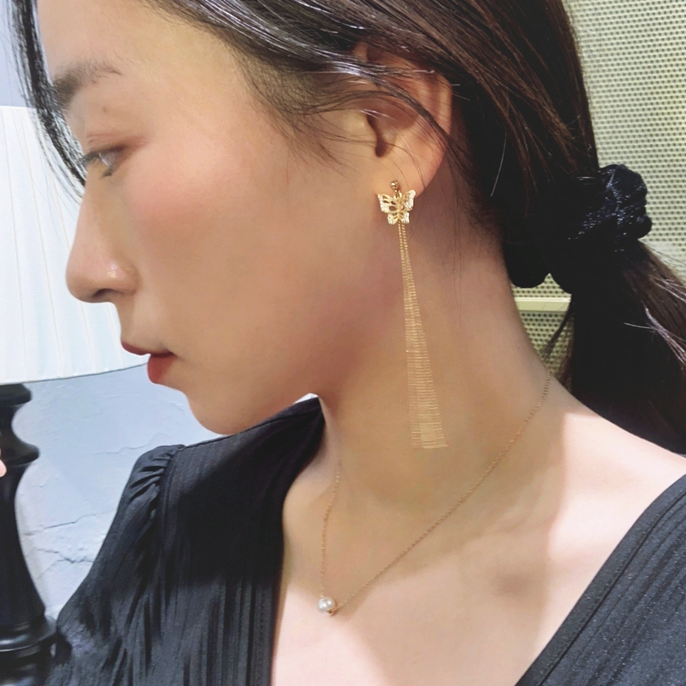 Tyusha独家/蝴蝶流苏长耳线美国包金精致耳环女长款气质耳钉耳坠_虎窝淘
