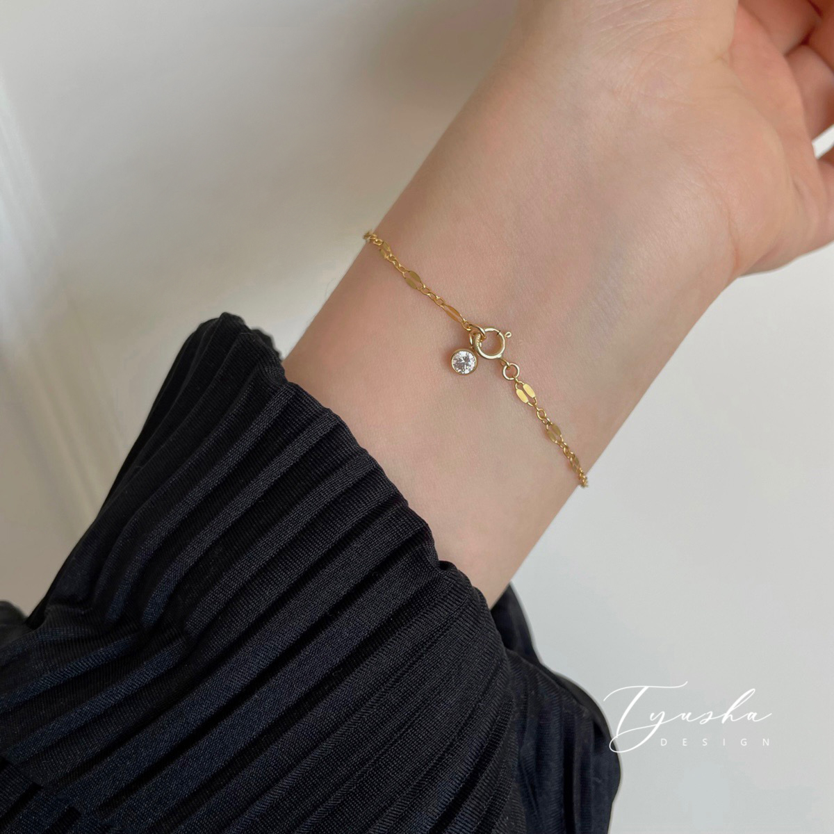 TYUSHA金片闪闪的中古风/美国14K包金单钻手链女轻奢精致不褪色_虎窝淘