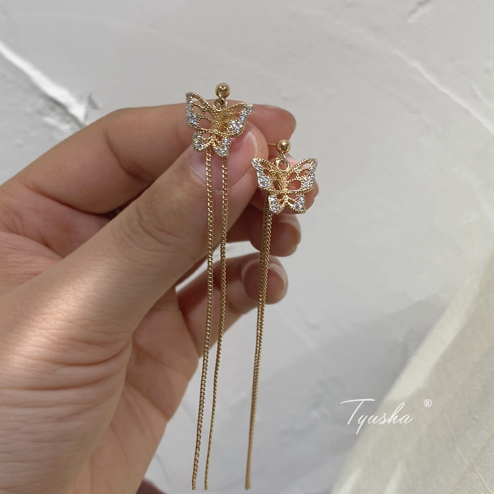 Tyusha独家/蝴蝶流苏长耳线美国包金精致耳环女长款气质耳钉耳坠_虎窝淘
