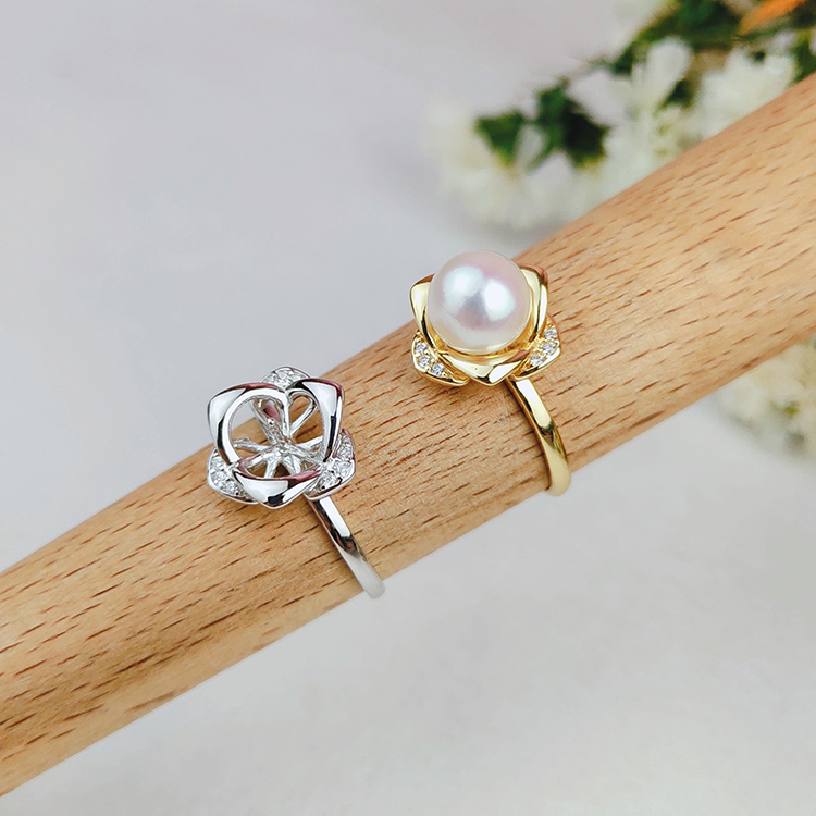 DIY珍珠配件 S925纯银珍珠戒指空托可调节时尚款配6-8mm圆扁珠_虎窝淘