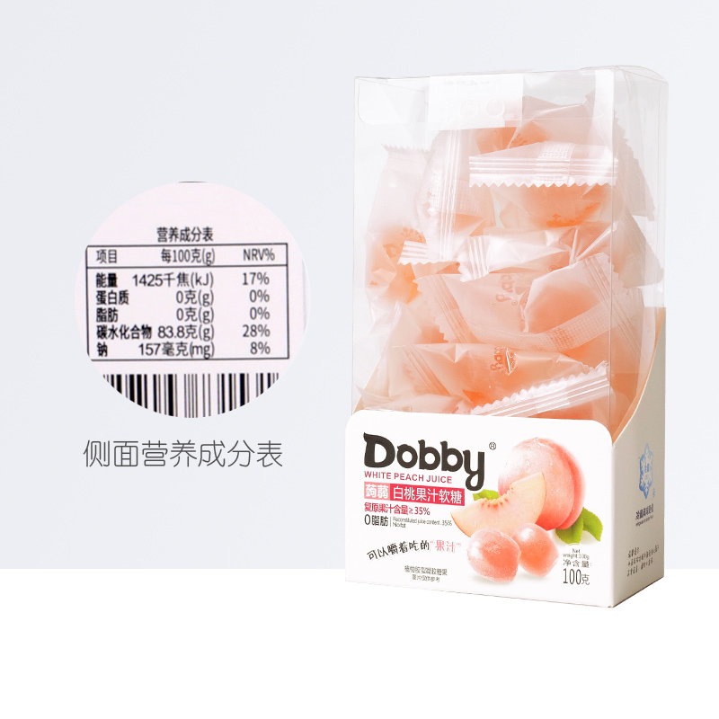 哆比Dobby蒟蒻白桃果汁软糖100g*1盒网红水果软糖QQ糖儿童零食散_虎窝淘