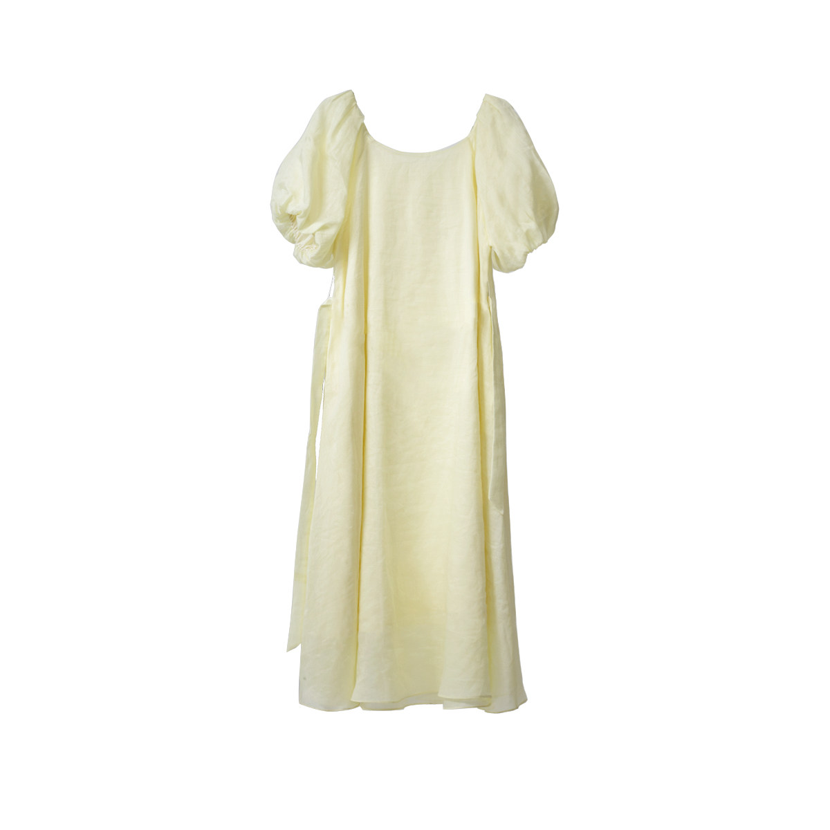 YuanYin夏仙气初恋复古泡泡袖减龄宽松清新苎麻黄度假收腰连衣裙_虎窝淘