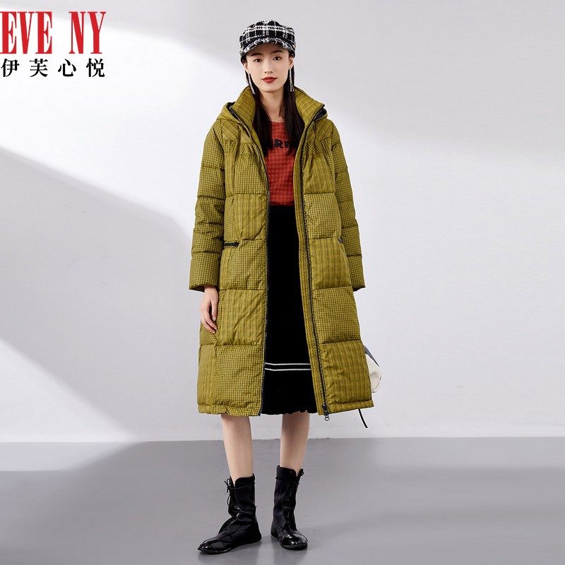 EVENY伊芙心悦冬新款时尚连帽加绒加厚灰鸭绒百搭中长羽绒服女_虎窝淘