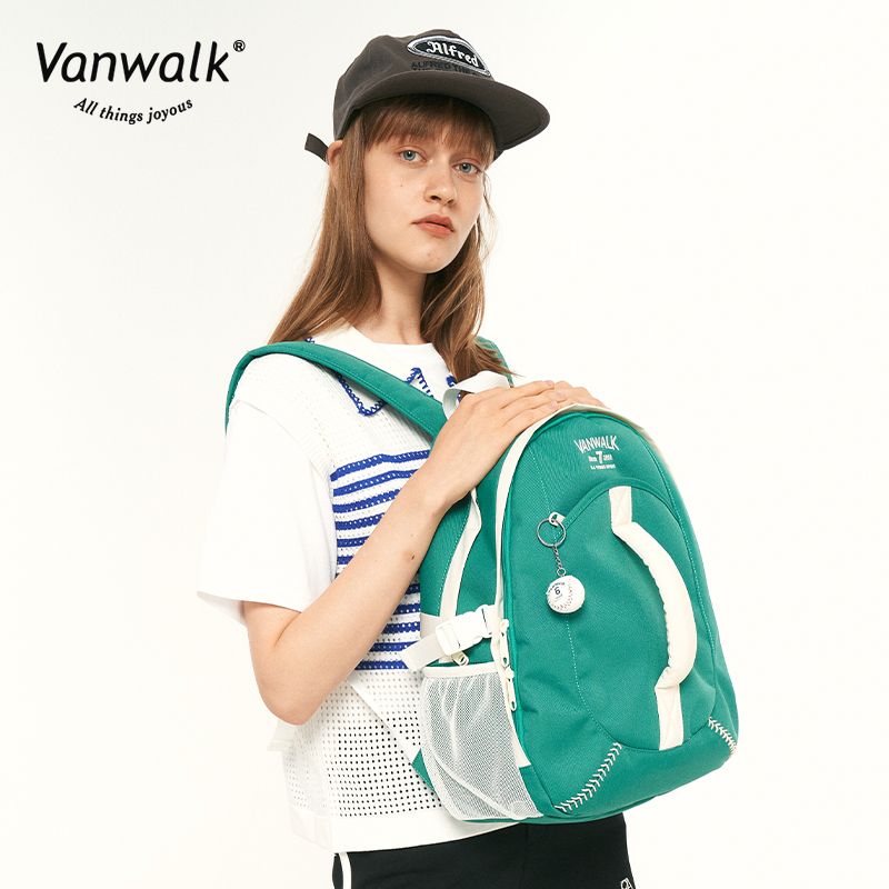 VANWALK棒球系列美式复古女大学生ins初高中轻便双肩包书包情侣_虎窝淘