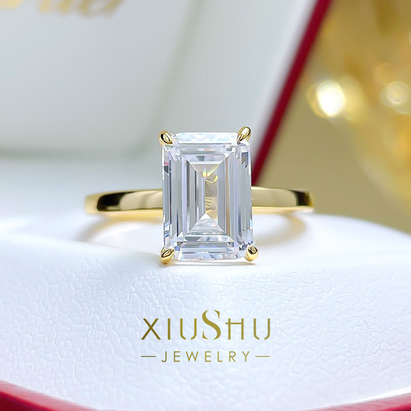 4克拉925银镀黄金仿真钻戒指长方形祖母绿切割小冰糖J94_虎窝淘