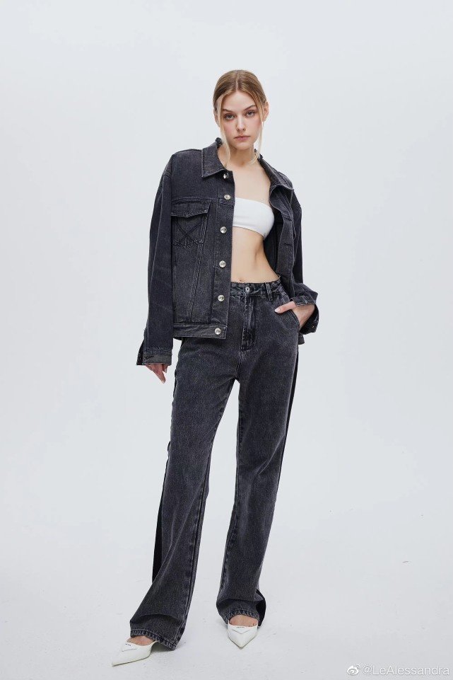 LE ALESSANDRA正品直发女牛仔裤直筒阔腿长裤高腰水洗拼接辣妹22_虎窝淘