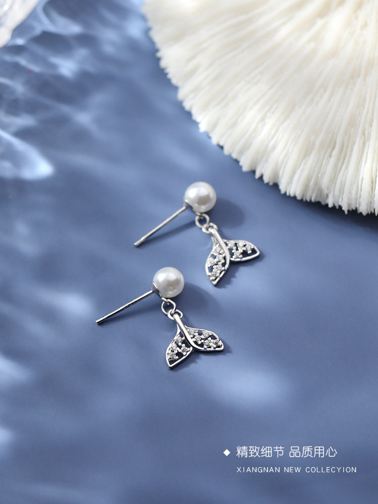 925纯银美人鱼尾耳钉甜美贝珠耳环2021年新款潮小众珍珠耳饰品女_虎窝淘