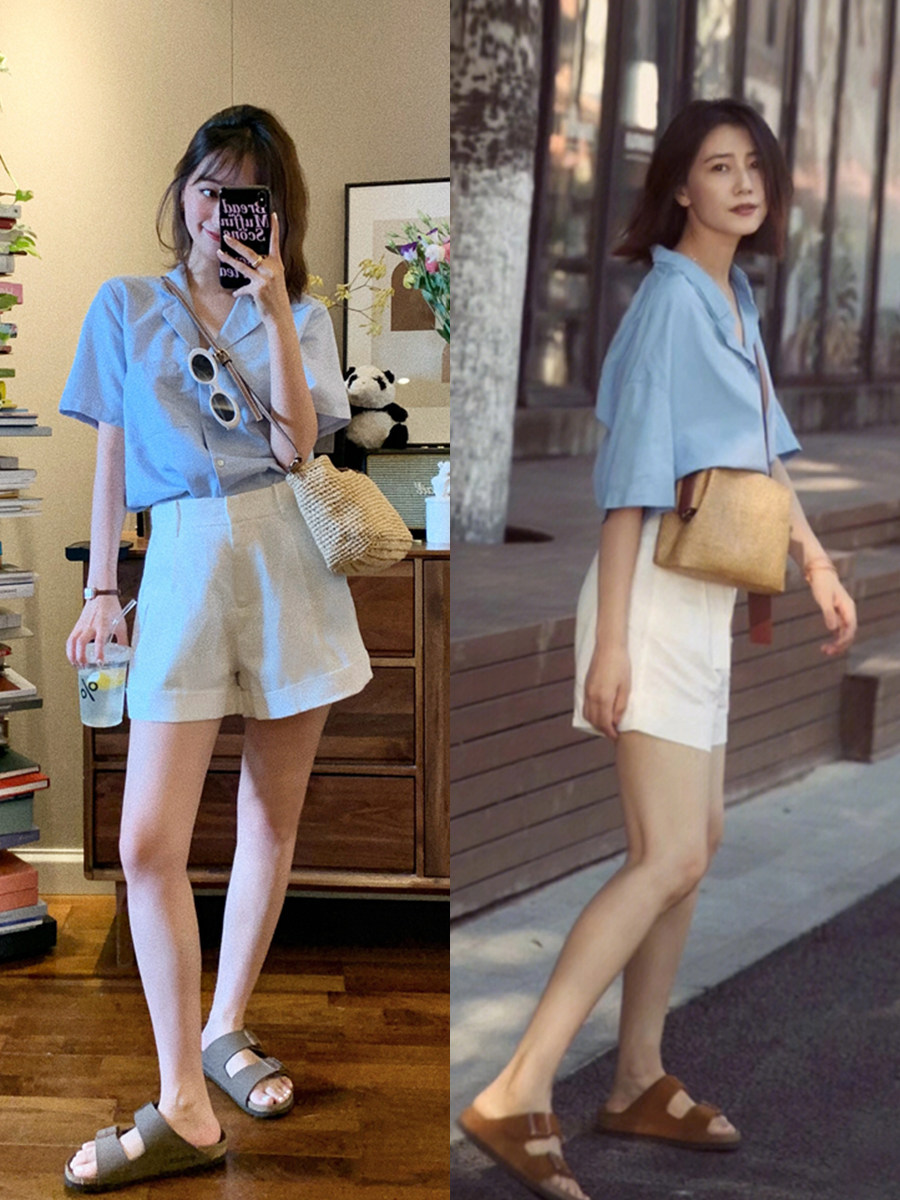 NEKODIARY丨夏日清爽Cleanfit知识分子古巴领宽松蓝色短袖衬衫女_虎窝淘