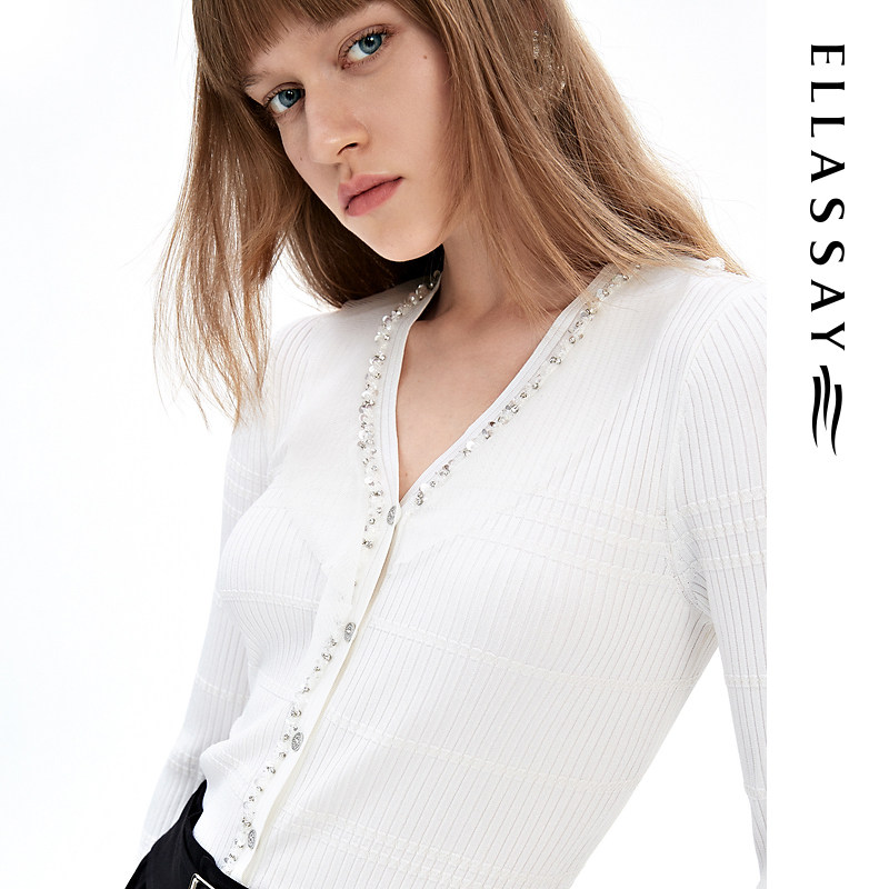 ELLASSAY歌力思2022春夏新款冰凉纱荷叶边针织衫_虎窝淘