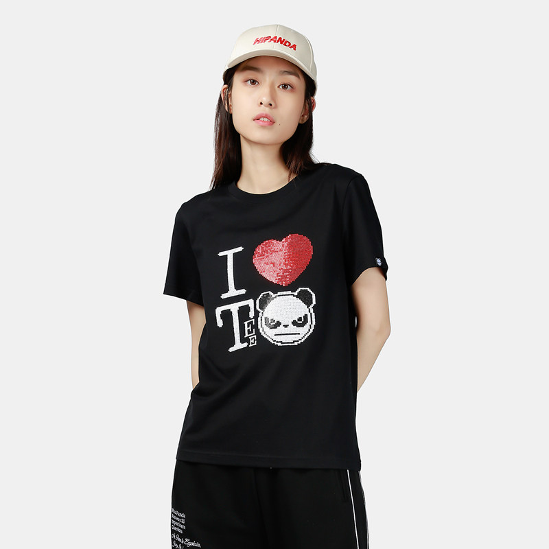 Hipanda你好熊猫设计潮牌夏季女我爱tt熊猫印花短袖T恤_虎窝淘