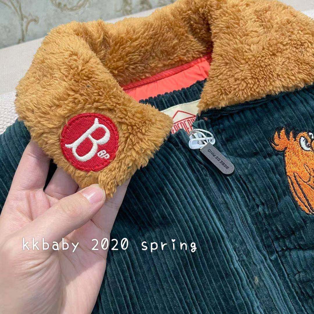 kkbaby韩国童装ins风冬男童女童绿色条绒羊羔毛翻领棉袄夹克外套_虎窝淘