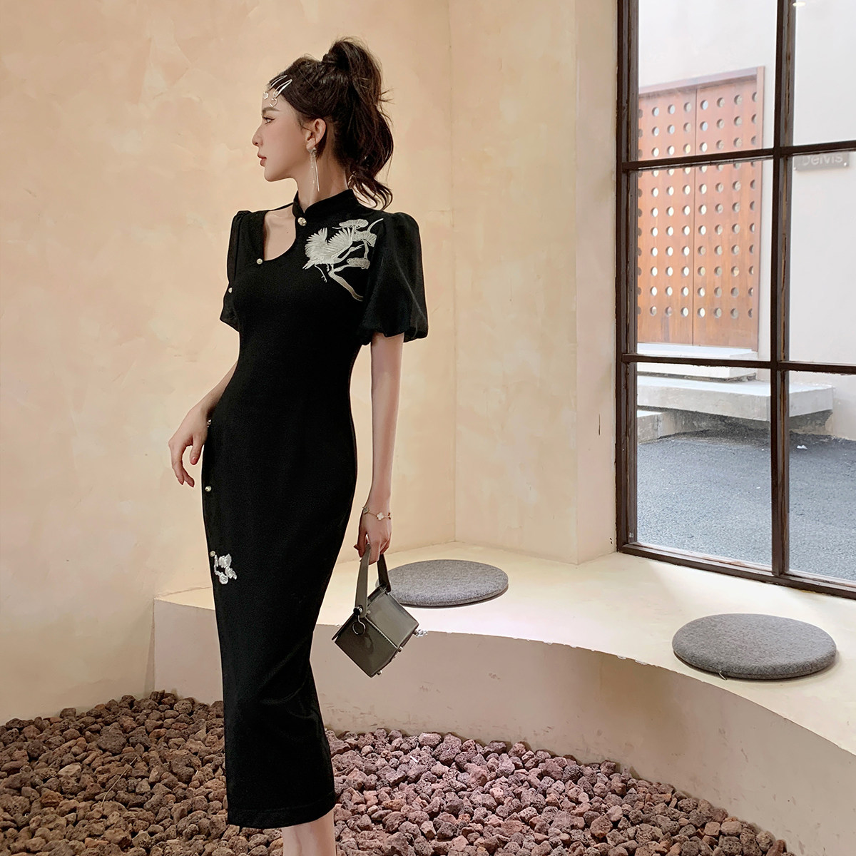 JKJS旗袍2023年新款改良女中国风新中式黑色裙子国潮连衣裙_虎窝淘