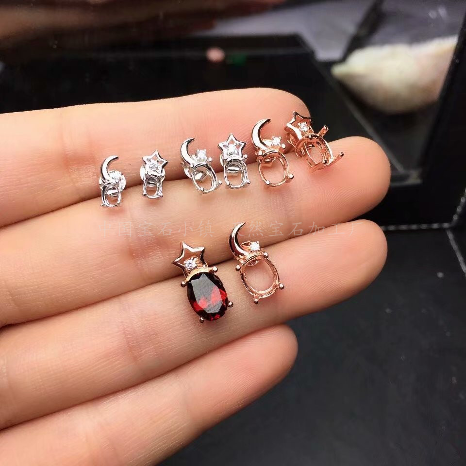 s925纯银椭圆3*4 4*5 5*6 6*7mm耳钉空托镶钳翡翠蛋面晶石简约_虎窝淘