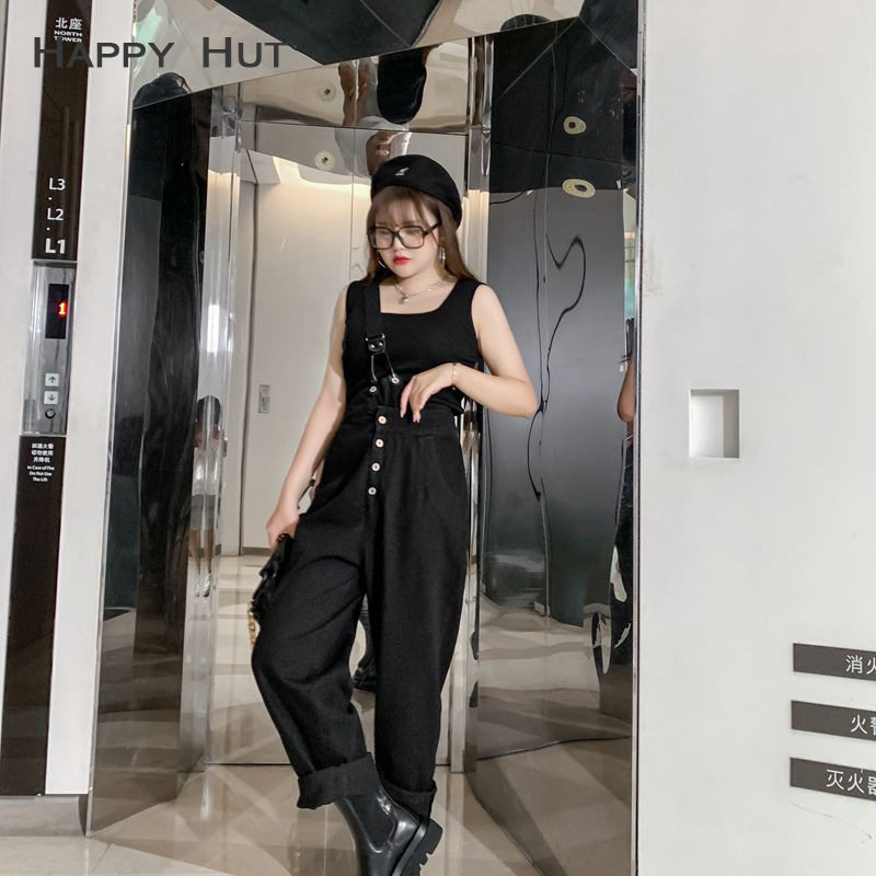 Vaee大码女装背带裤2021秋冬新款胖mm港味单肩带裤子女高腰牛仔裤_虎窝淘