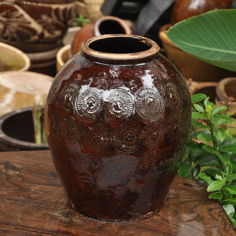土陶坛桌面粗陶坛中式风格花瓶客厅书房摆件复古陶瓷大号手工柴窑_虎窝淘