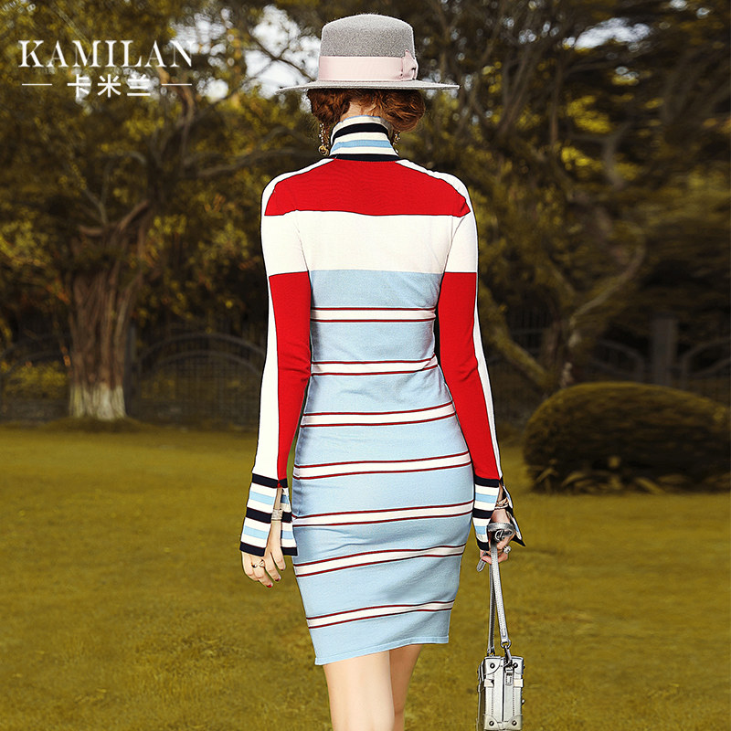 KAMILAN卡米兰2019冬装新款高领拼色针织连衣裙女收腰显瘦打底裙_虎窝淘