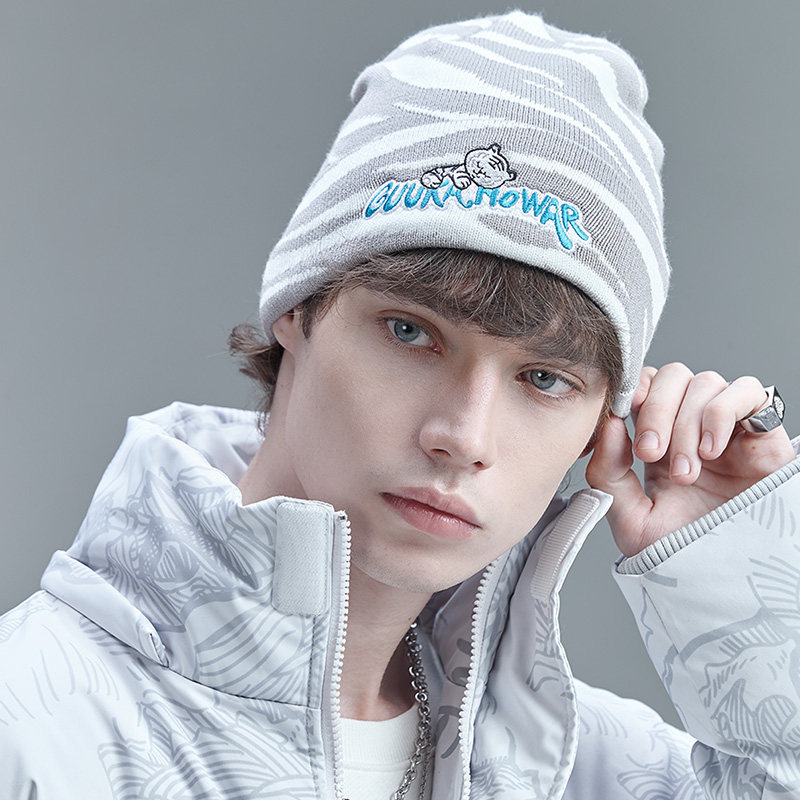 GUUKA潮牌灰白斑马纹针织帽大头围嘻哈情侣logo刺绣毛线帽子百搭_虎窝淘