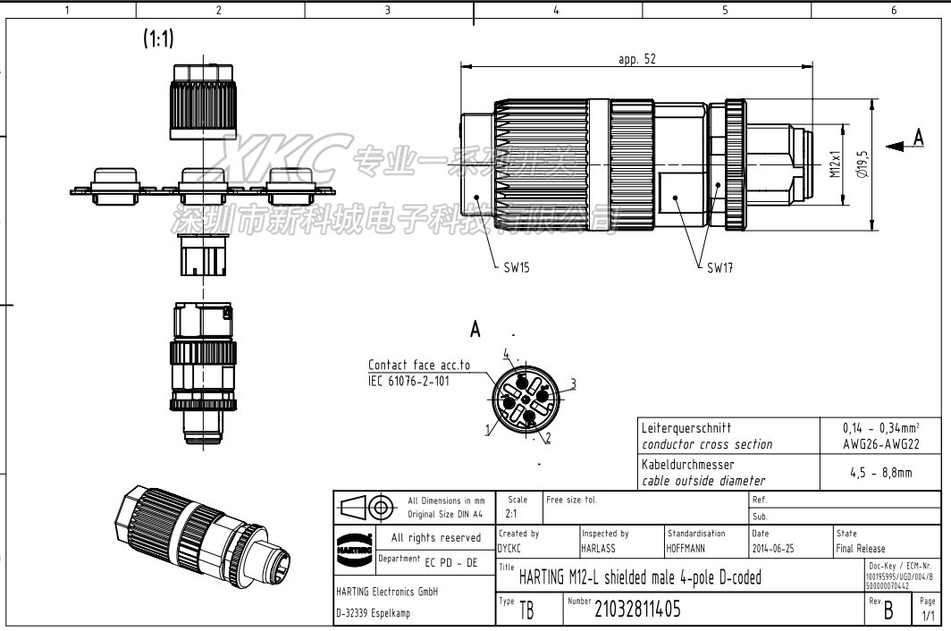 21032811405原装HARAX M12-L航空插头公头 M12圆形连接器_虎窝淘