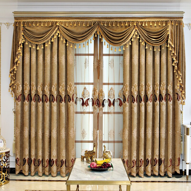 高档雪尼尔欧式奢华遮光绣花窗帘布幔头成品落地客厅卧室现代宫廷_虎窝淘