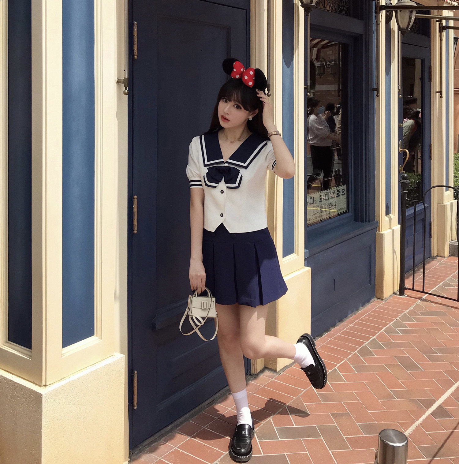 Starry甜美学院风JK套装海军领蝴蝶结衬衫水手服高腰百褶半身裙_虎窝淘