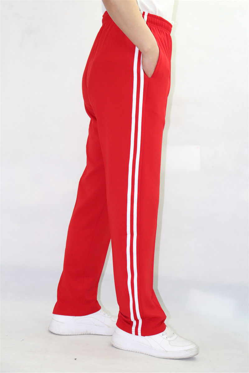 校服红色裤子男女女学生一道道白边直筒裤小学运动长裤