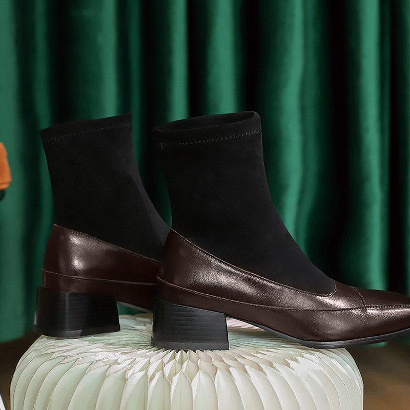 棕色短靴女粗跟小码女鞋313233瘦瘦靴34大码女靴41一43显瘦中跟40_虎窝淘