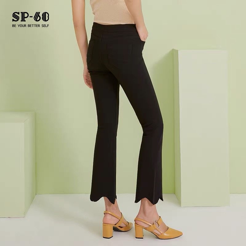 韩国sp68中腰一粒扣脚口波浪流苏高弹显瘦时尚剪边喇叭九分魔术裤_虎窝淘