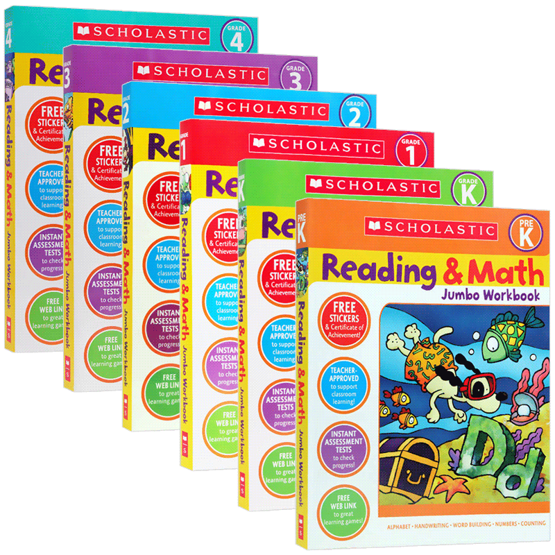 学乐英语阅读与数学练习册6册英文原版 Scholastic Reading Math Jumbo Workbook幼儿园至小学四年级教材_虎窝淘