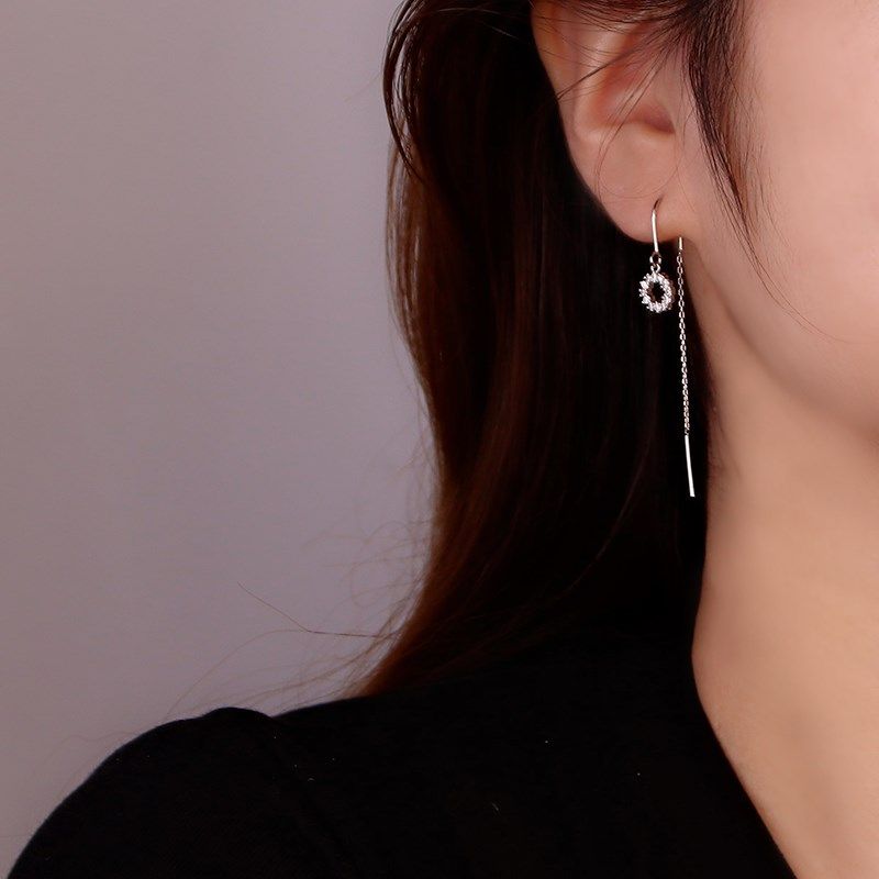 s925银锆石圆形耳线女2023年新款潮简约气质长款流苏满钻圆圈耳坠_虎窝淘