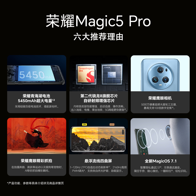 【官网】HONOR/荣耀Magic5 Pro 5G手机高通骁龙8Gen2/荣耀青海湖电池5450mAh/悬浮流线四曲屏官方旗舰店正品_虎窝淘