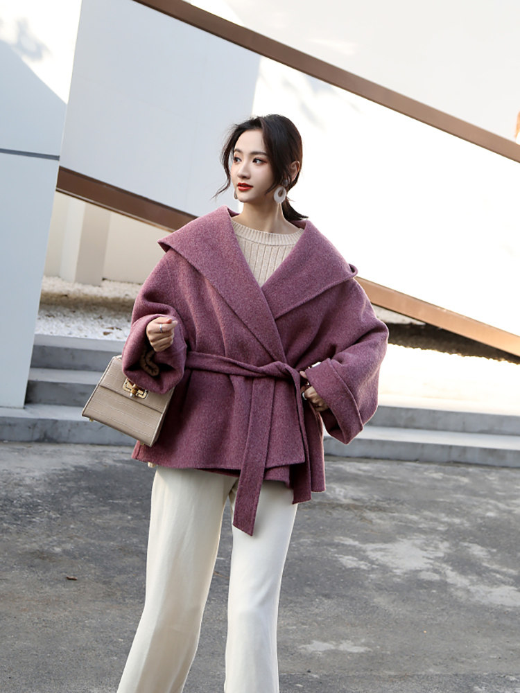 MAGGIE HAN冬季阿尔巴卡加厚双面呢短款大衣百搭连帽羊毛呢外套女_虎窝淘