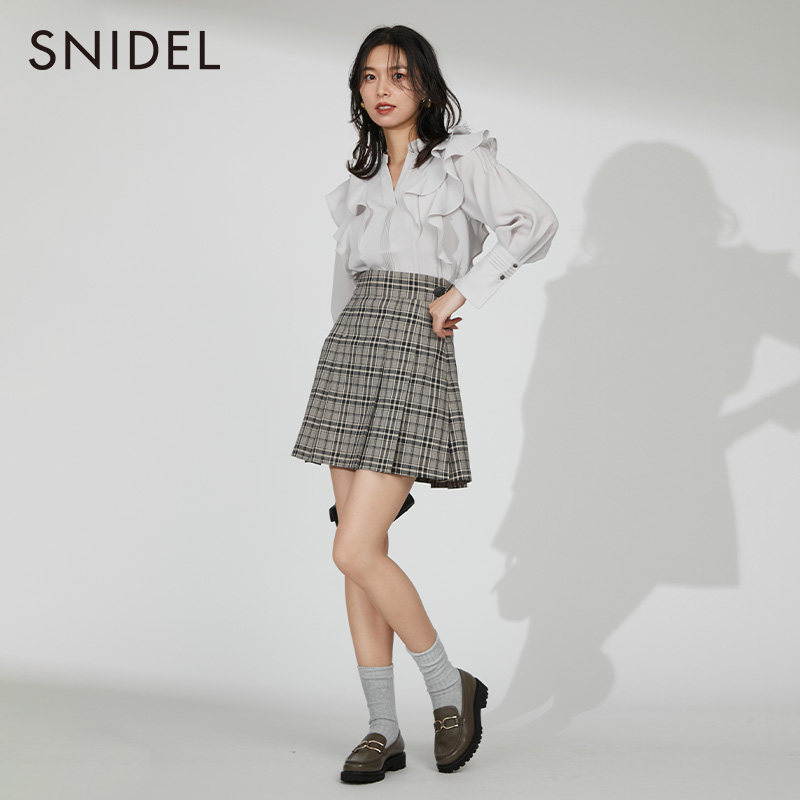 SNIDEL秋冬款JK学院风纯色格纹高腰A字短裙裤SWFP224203_虎窝淘