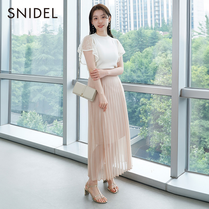 SNIDEL春夏百搭时尚光泽感高腰百褶伞裙雪纺半身裙SWFS222094_虎窝淘