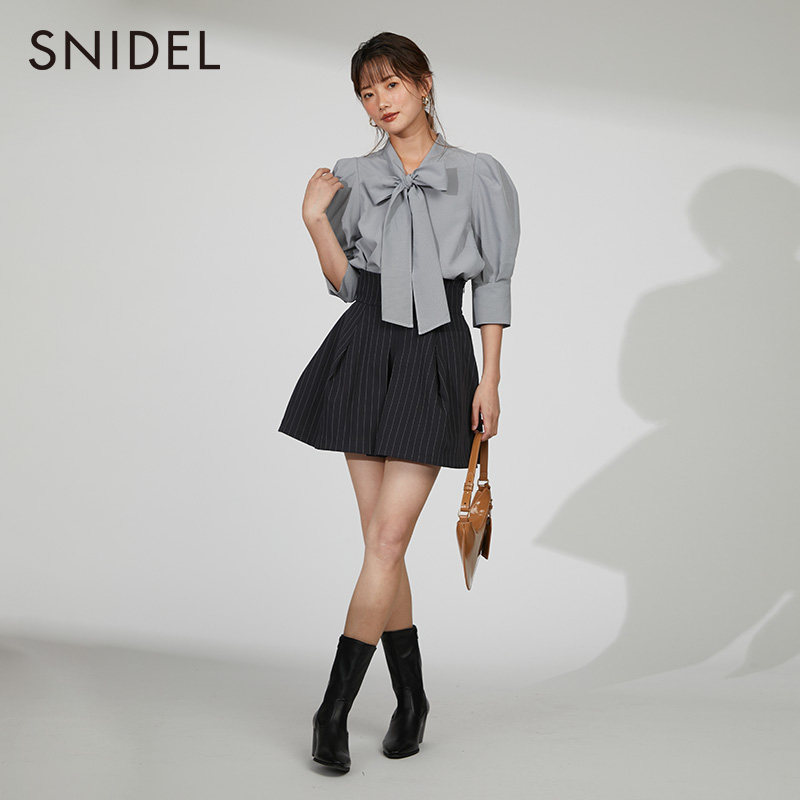 SNIDEL秋冬款优雅淑女显瘦纯色条纹高腰短裙裤SWFP224208_虎窝淘