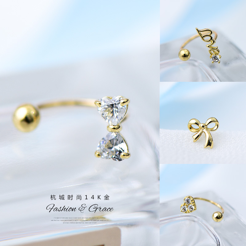 HC时尚韩国14K 10K黄金耳钉女锆石蝴蝶结爱心弯钩螺纹耳钉女单只_虎窝淘