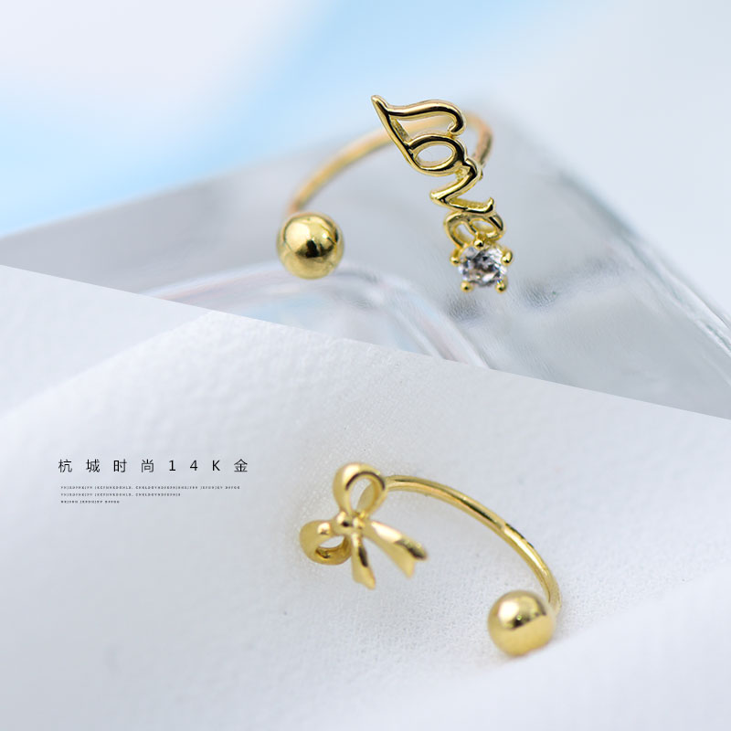 HC时尚韩国14K 10K黄金耳钉女锆石蝴蝶结爱心弯钩螺纹耳钉女单只_虎窝淘