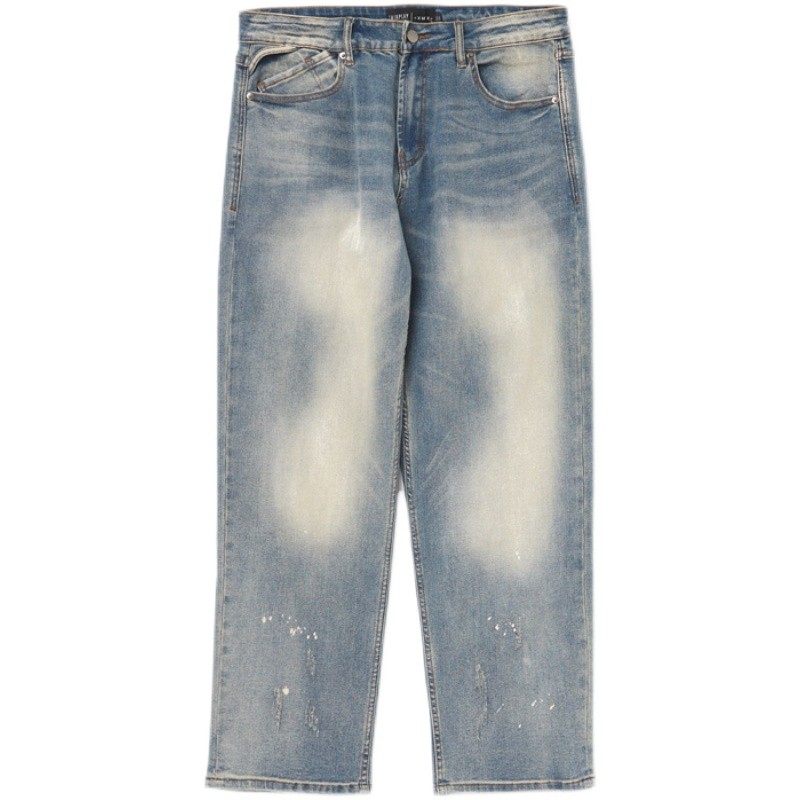 XMXX联名fairplay水洗做旧泼墨弹力宽松直筒休闲牛仔裤周密mv同款_虎窝淘