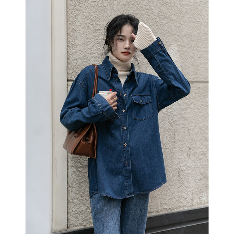 觅定蓝色牛仔衬衫女复古港风上衣外套衬衣法式设计感小众秋季新款_虎窝淘