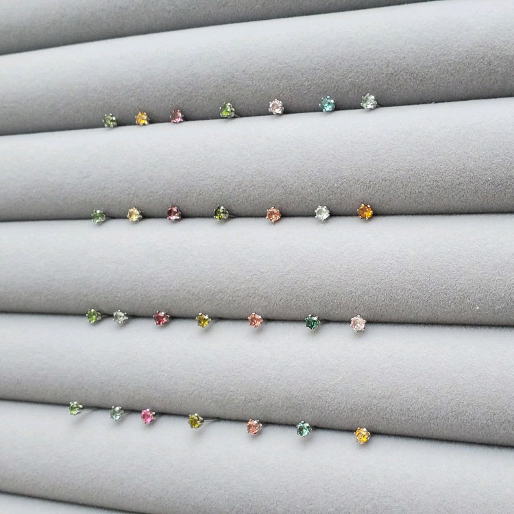 天然彩虹碧玺 3MM迷你S925纯银镀白金七彩套装耳钉耳骨钉_虎窝淘