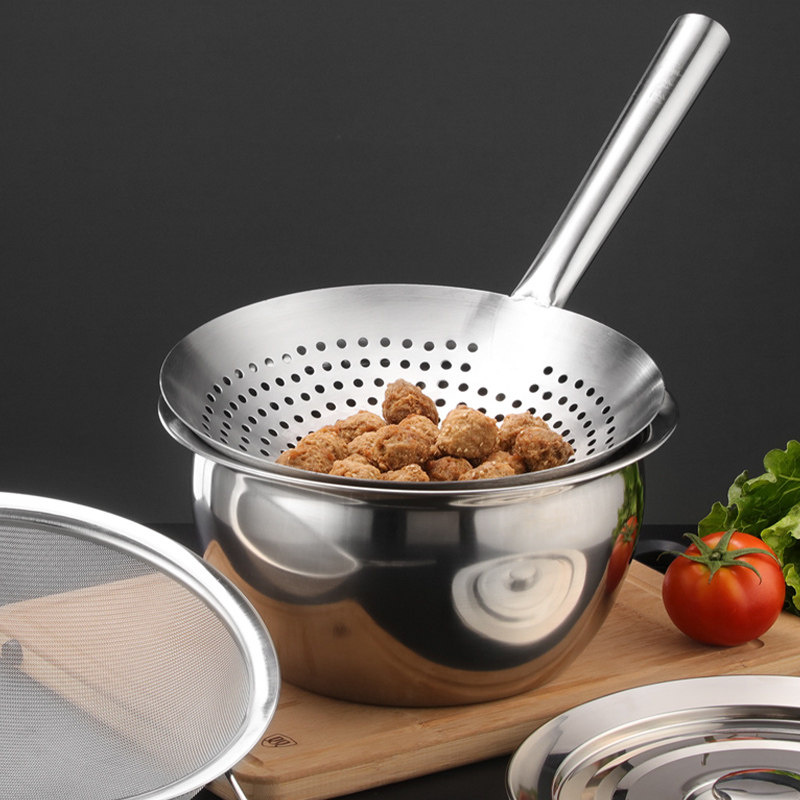 不锈钢大号漏勺厨师专用家用油盆漏勺套装酒店过滤网猪油罐大容量_虎窝淘