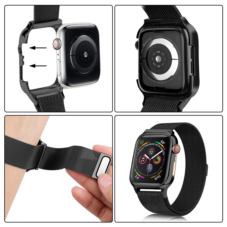 适用iwatch1/2/3/4/5/6代苹果手表一体米兰尼斯回环腕带潮男女Apple watch 6/SE表带保护套边框series 5表带_虎窝淘