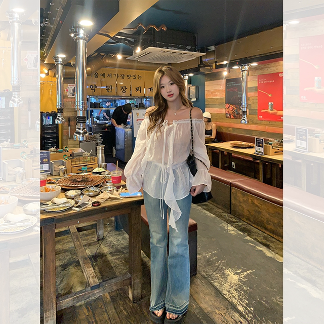 Your Fish Bailey Sweet Wine One-shoulder Slim Translucent Shirt Ruffle ...