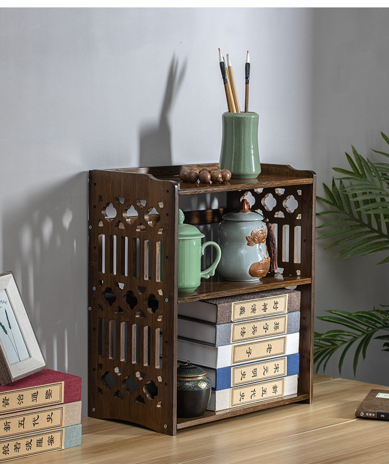 楠竹桌面收纳小书架花架置物架简易创意桌上小书架多层抽屉小柜子_虎窝淘