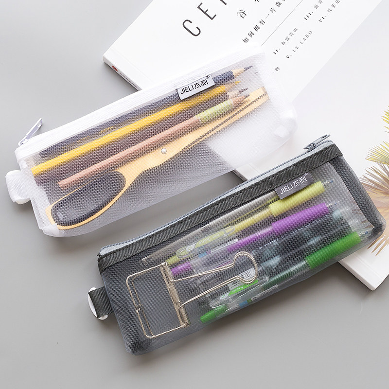 简约透明创意笔袋高中初中男女小学生考试文具盒尼龙纱网收纳透气儿童拉链小清新铅笔包不变形文具铅笔袋_虎窝淘