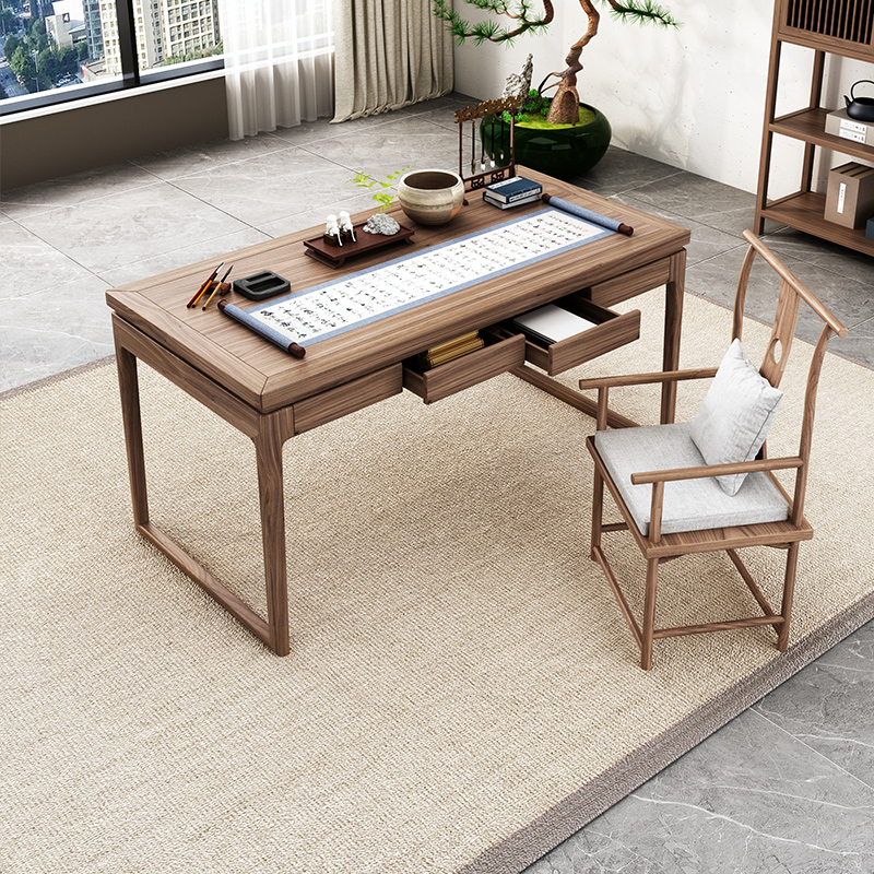 新中式全实木抽屉书桌办公电脑桌书房家具套装禅意写字书法书画桌_虎窝淘